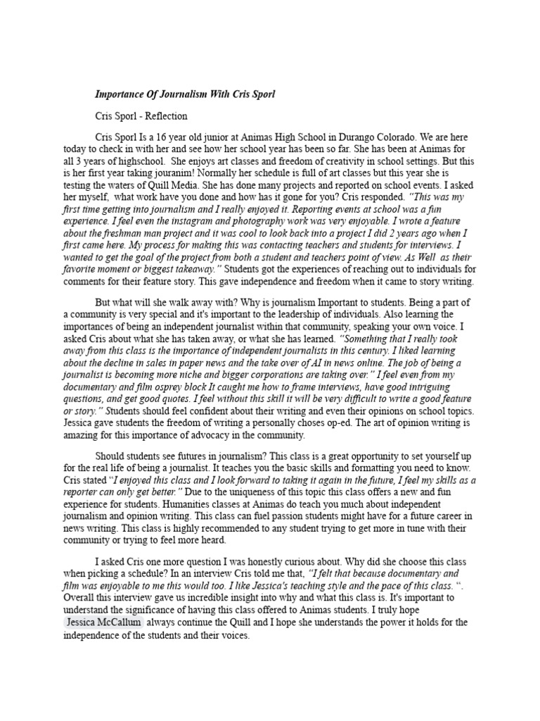 Journalism Sem 1 Final DP Work Sample Reflection Feature 2023 ...