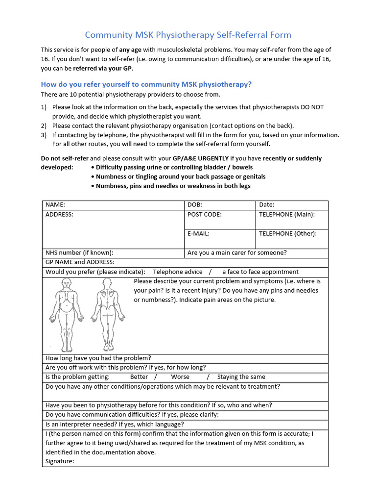 Self-Referral Form For MSK Physiotherapy | PDF | Physical Therapy | Paresthesia