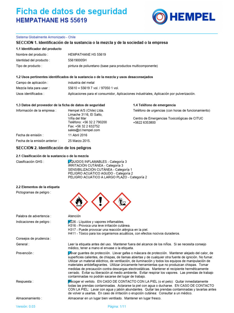 Ficha de Seguridad HEMPATHANE HS 55619 | PDF | Residuos