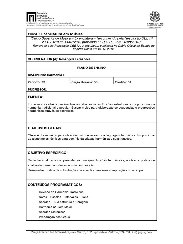 Plano de Ensino - Harmonia I | PDF | Harmonia | Acorde (música)