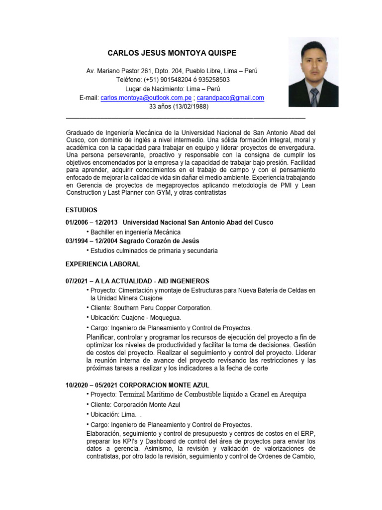 Ingeniero Carlos Montoya: Proyectos y Experiencia | PDF | Ingeniería ...