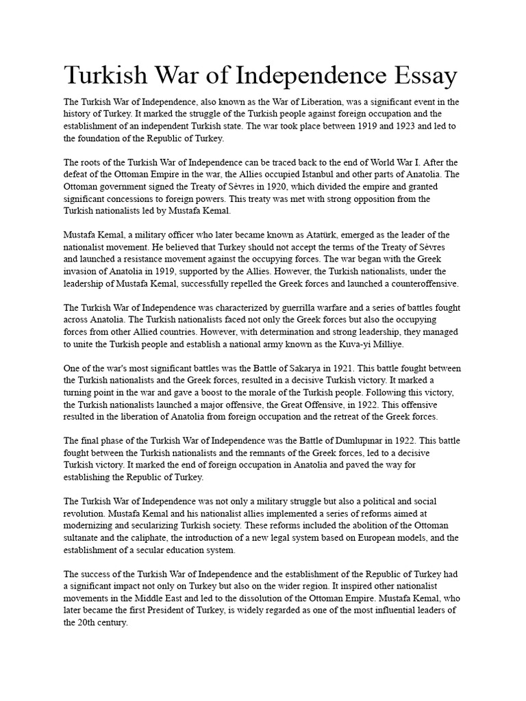 Turkish War of Independence Essay | PDF | Politics | Travel