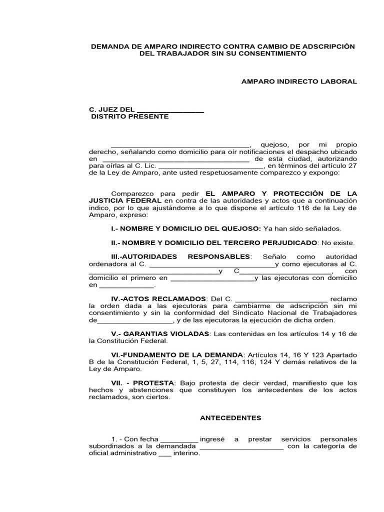 Demanda de Amparo Indirecto Contra Cambio de Adscripci N Del Trabajador Sin Su Consentimiento ...