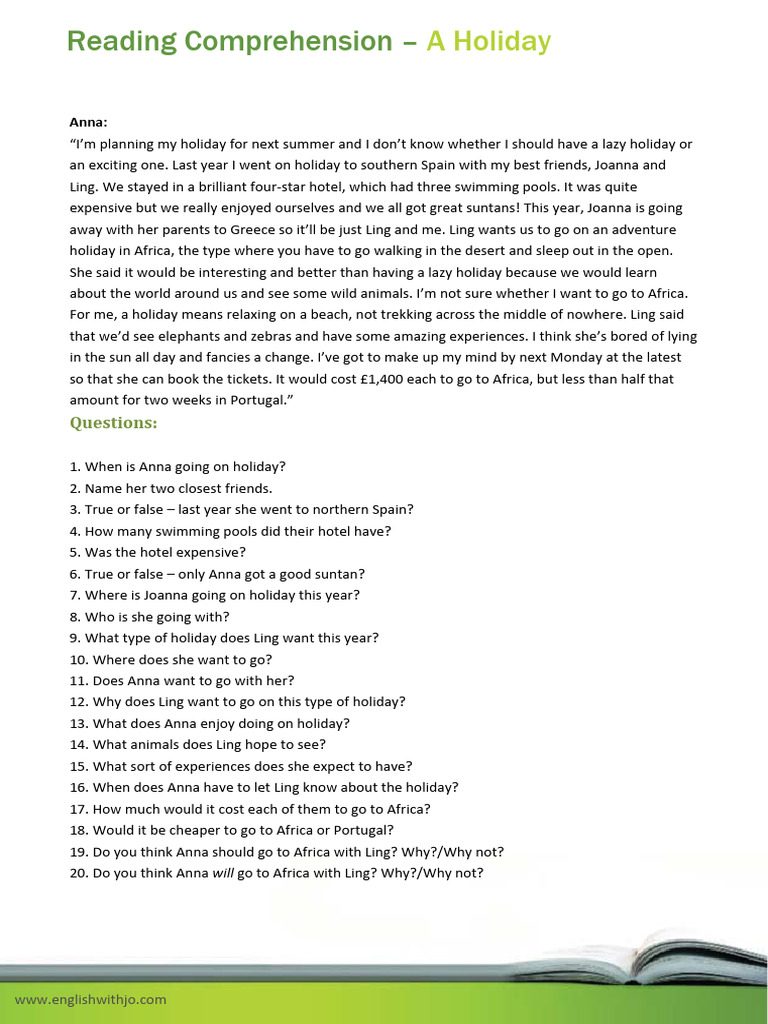 IntermediateEX Reading Comprehension A Holiday | PDF