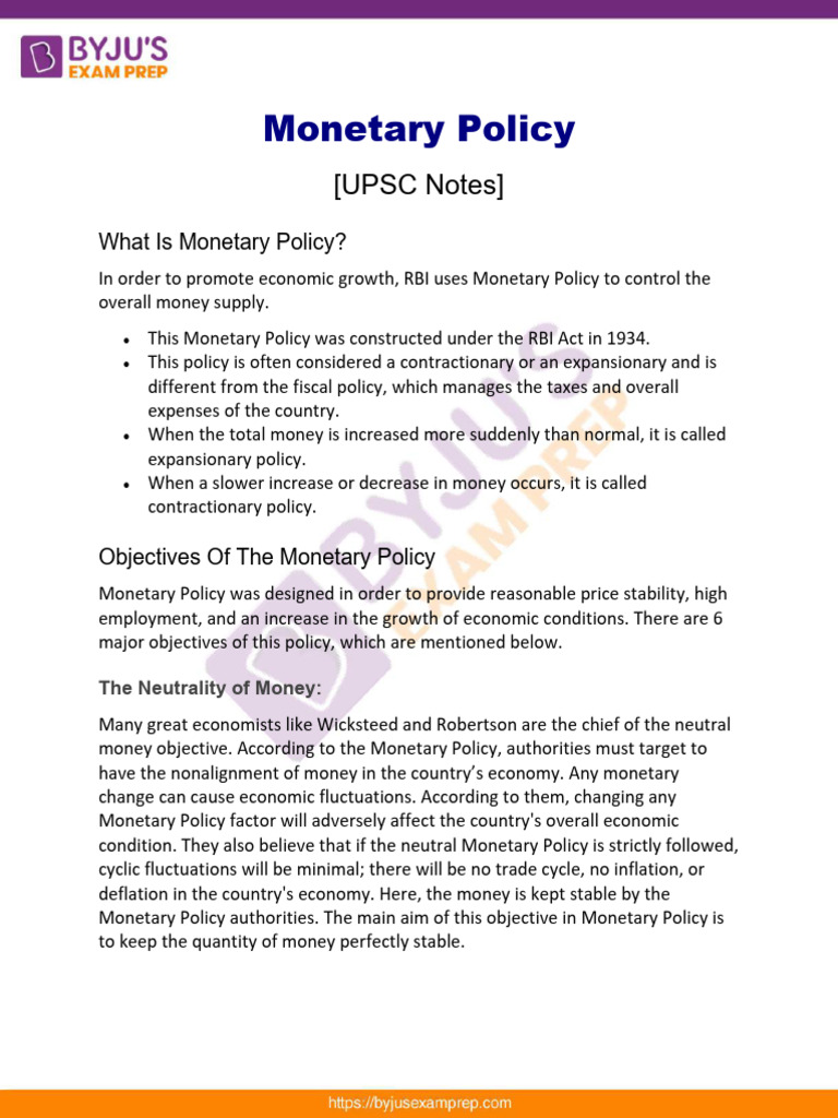 Overview of Monetary Policy for UPSC | PDF | Monetary Policy | Economics