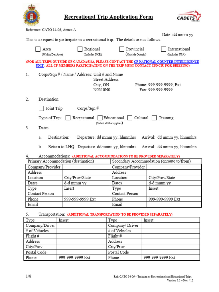Recreational Trip Application Form | PDF | Insurance
