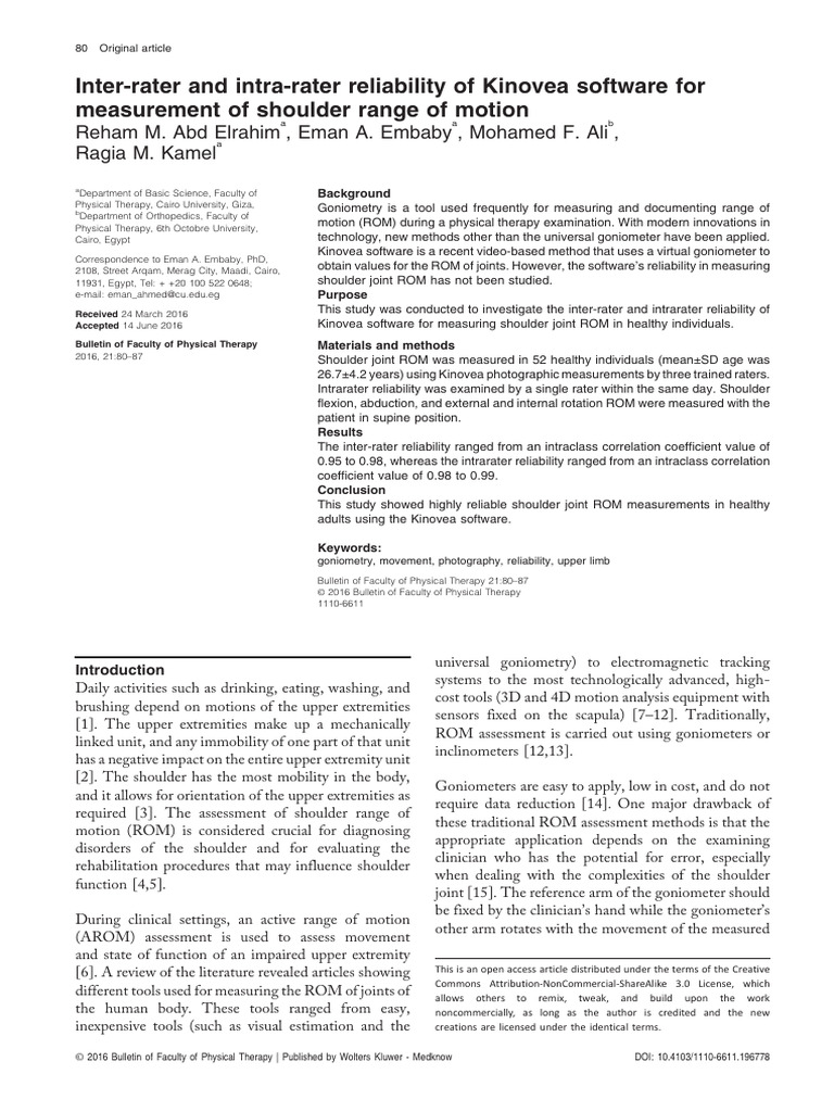 KINOVEA - Inter-Rater and Intra-Rater Reliability of Kinovea Software ...
