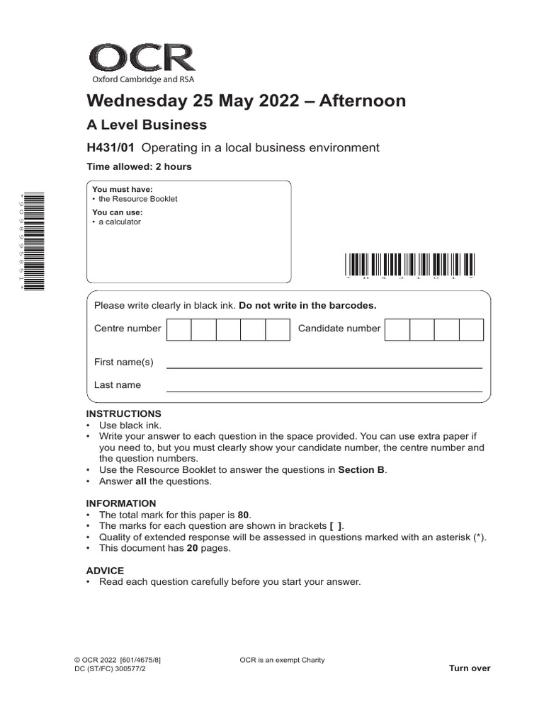 h431 June 2022 QP Paper 1 Ocr Al Business | PDF | Employment | Cash ...