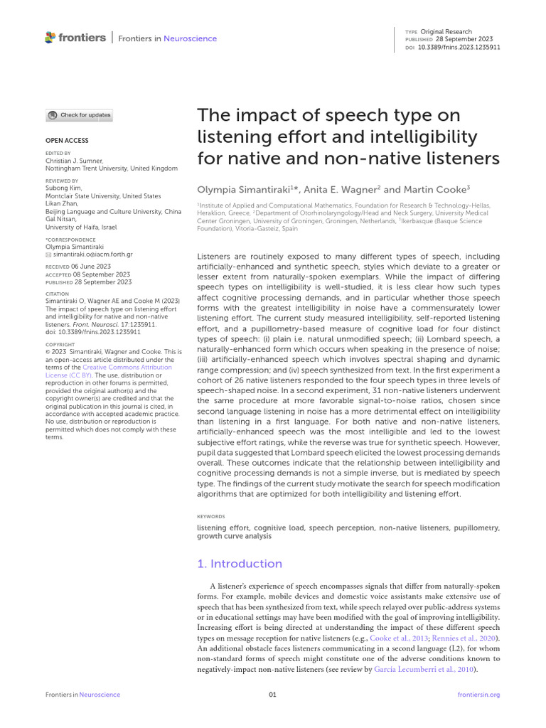 Impact of Speech Type on Listening Effort | PDF | Speech Synthesis | Speech