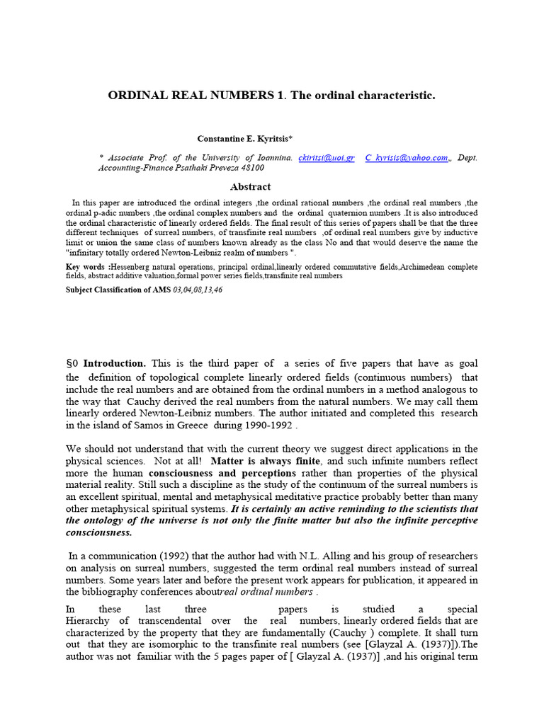 Ordinal Real Numbers 1 Frangos Conference 16-11-23 | PDF | Field ...