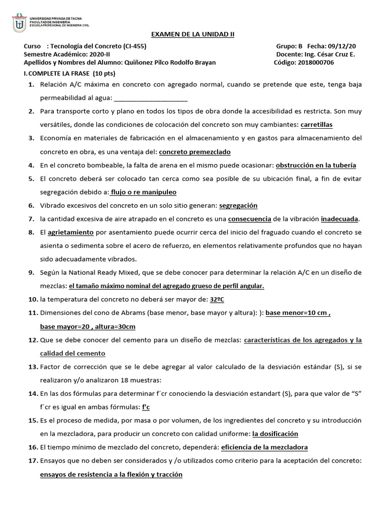 EXAMEN TEORICO UNIDAD 2 (1) (2) | PDF | Hormigón | Ciencias fisicas