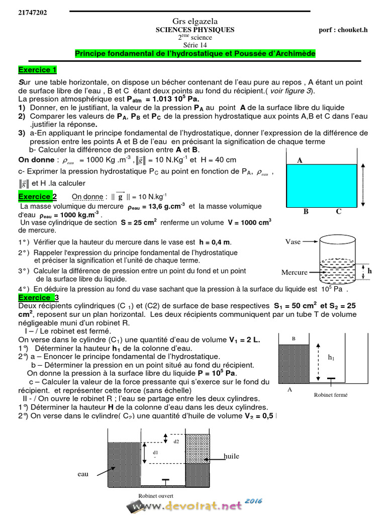 Série D'exercices N°4 - Physique - Principe Fondamental de L'hydrostatique Et Poussée D ...