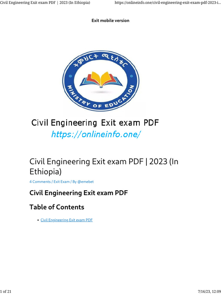 Civil Engineering Exit Exam PDF 2023 (In Ethiopia) | PDF | Bending ...