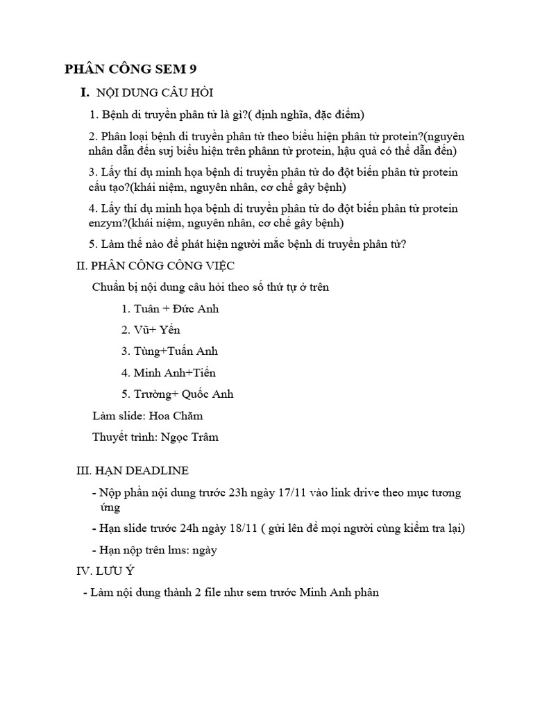 Phân Công Sem 9 | PDF