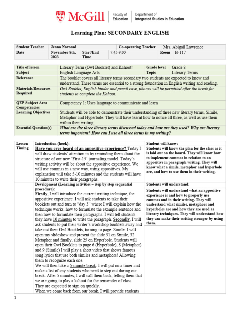 eval 3- lesson plan | PDF | Metaphor | Learning