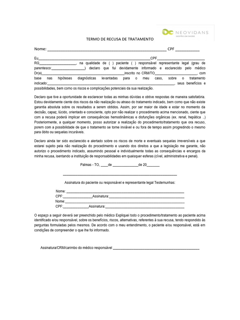 Termo de Recusa de Tratamento | PDF | Medicina Clínica