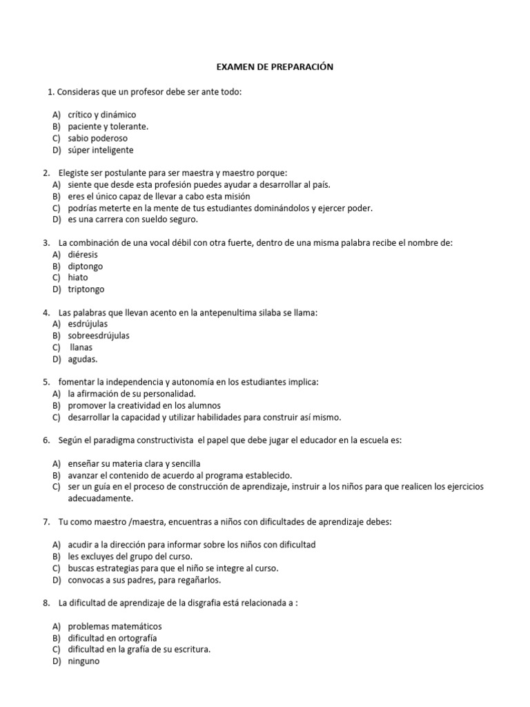 EXAMEN DE PREPARACIÓN PARA La Normal | PDF | Bolivia | Maestros