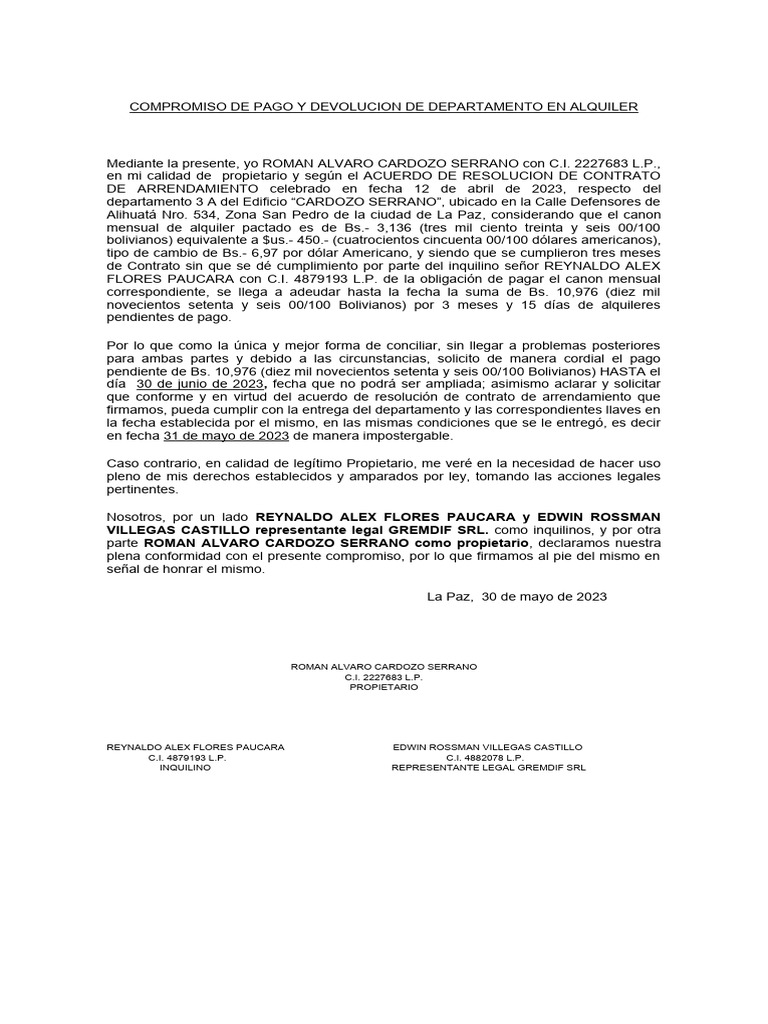 COMPROMISO DE PAGO Y DEVOLUCION DE DEPARTAMENTO EN ALQUILER cardozo | PDF