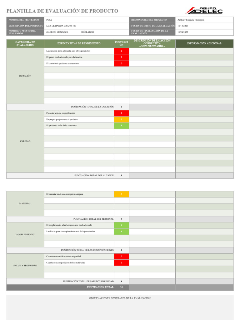 Evaluacion de Producto ADELEC | PDF