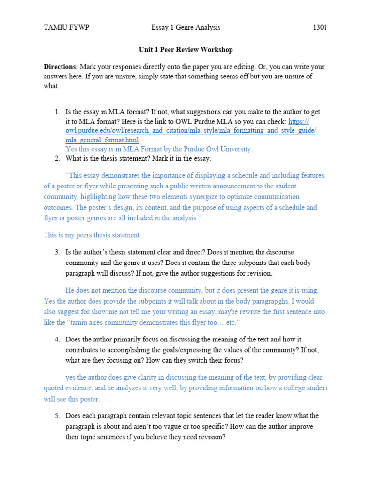 TAMIU Genre Analysis Peer Review Guide | PDF | Essays | Paragraph