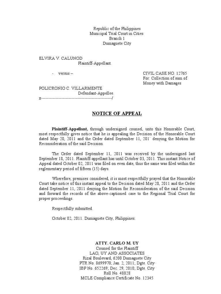 Notice of Appeal - Calunod vs. Villarmente | PDF | Finance & Money ...