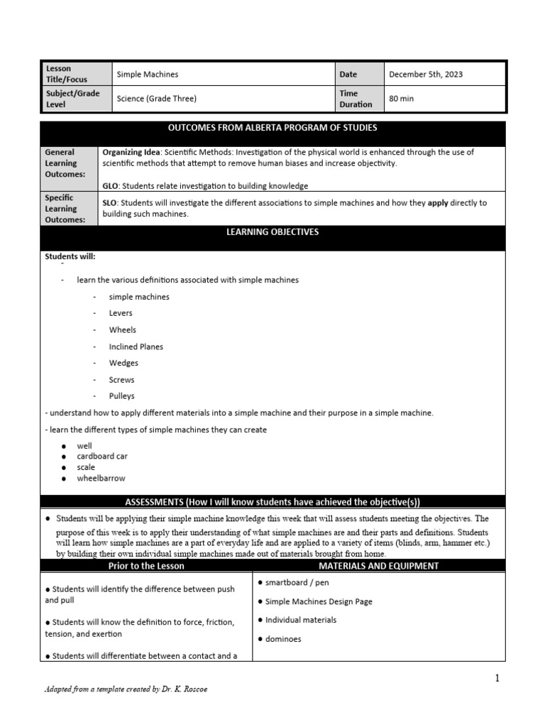 Simple Machines Lesson Plan for Grade 3 | PDF
