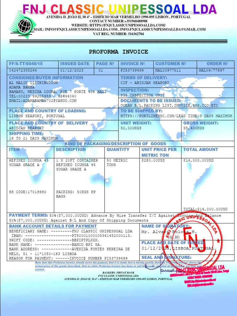 Porforma Invoice For 50 Metric Tons Refined Icumsa 45 Sugar To Abidjan
