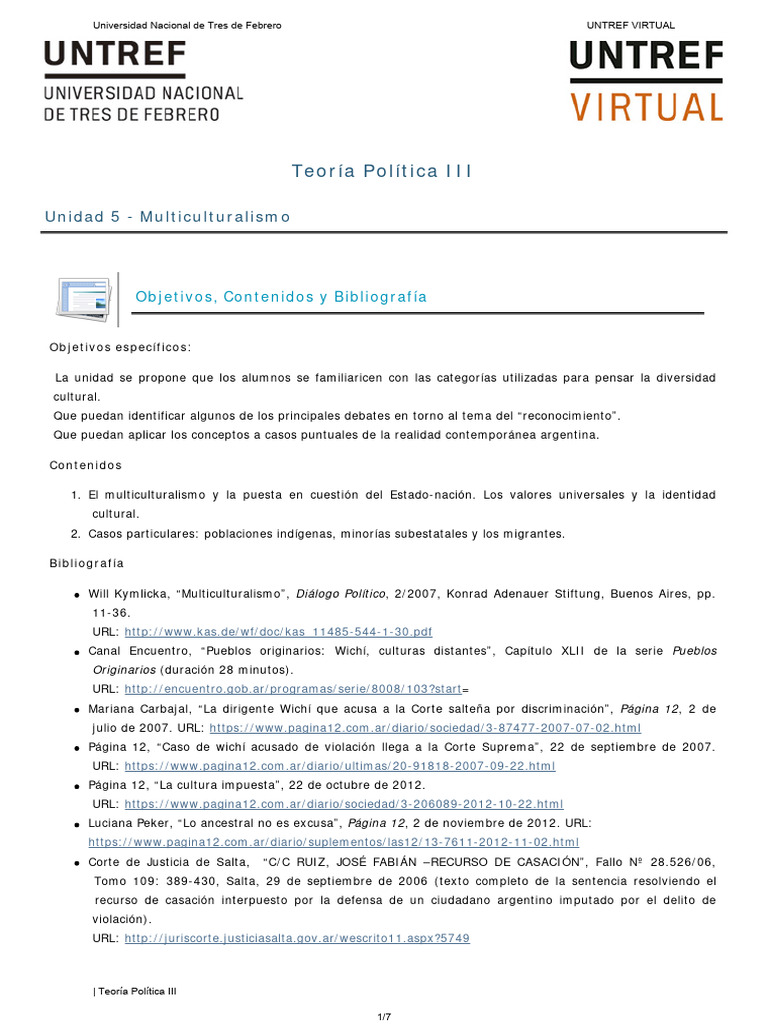 Unidad5 - Teoria Politica III Untref Virtual | PDF | Multiculturalismo | Nación