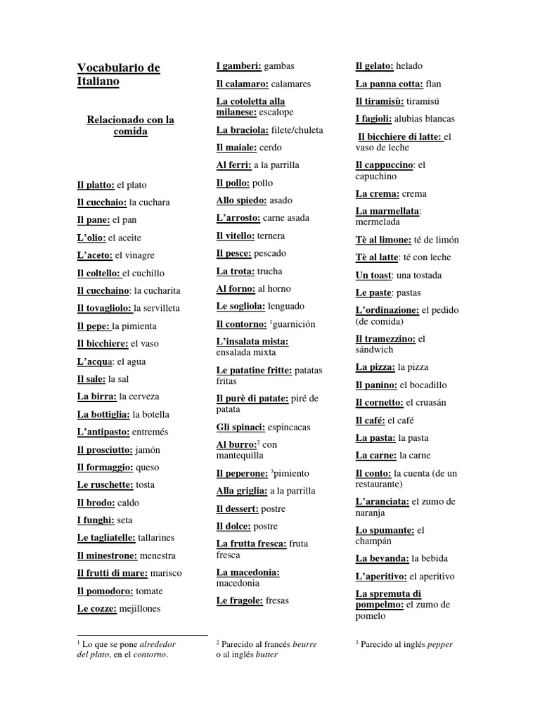 Vocabulario Italiano sobre Comida | PDF | Cocina italiana | Cocina ...