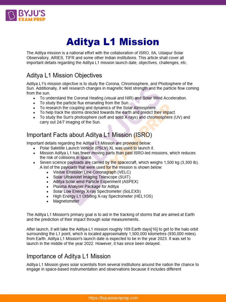 Aditya l1 Mission Upsc Notes 61 | PDF | Sun | Nature