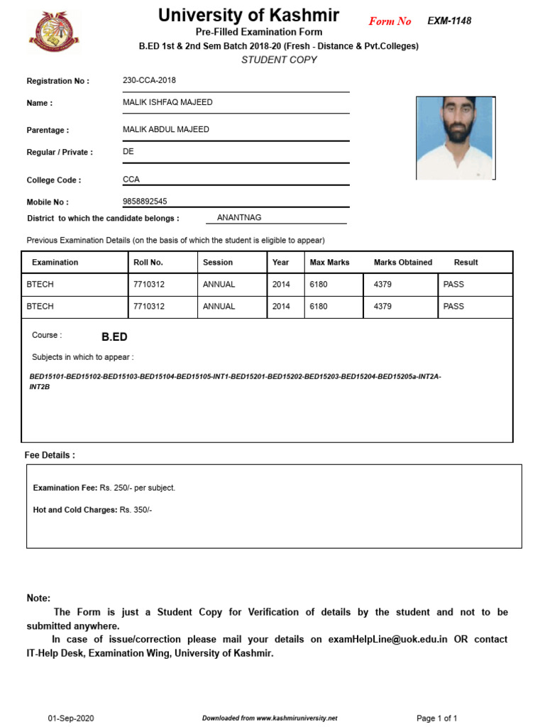 Examination Form For B.ed Annual Examination (Annual) | PDF