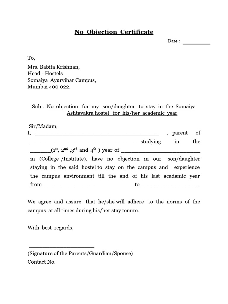 Ashtavakra - NOC From Parents To Stay in The HOSTEL | PDF