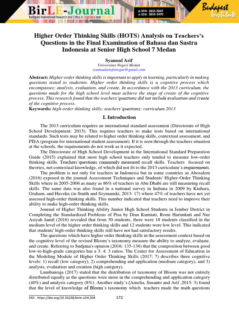 Higher Order Thinking Skills HOTS Analysis On Teac | PDF | Thought ...