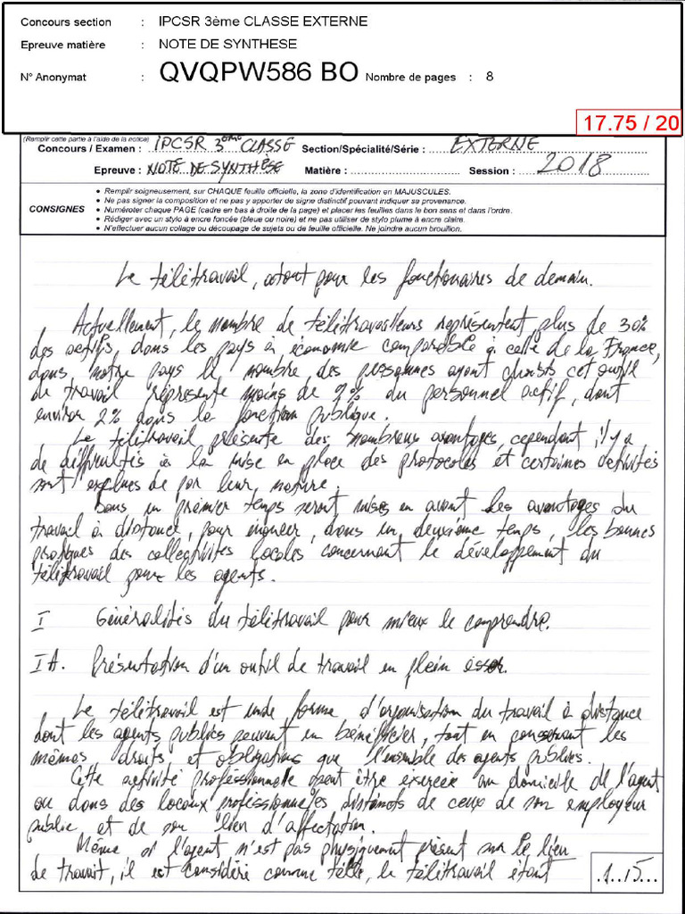 2018 Meilleure Copie Epreuve Ecrite 1 Sujet Commun Concours Externe ...