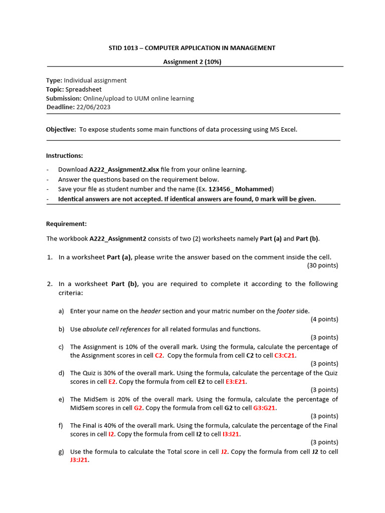 A222 Assignment 2 | PDF | Worksheet | Microsoft Excel