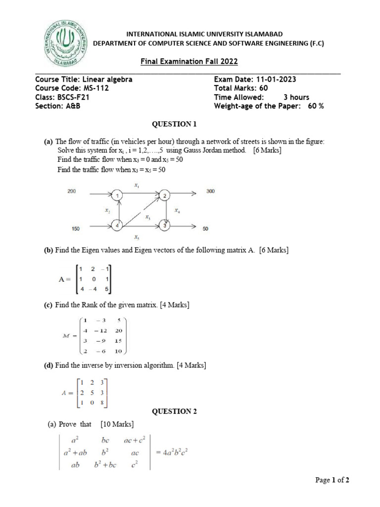 Final Exam Linear Algebra Fall 2023 | PDF