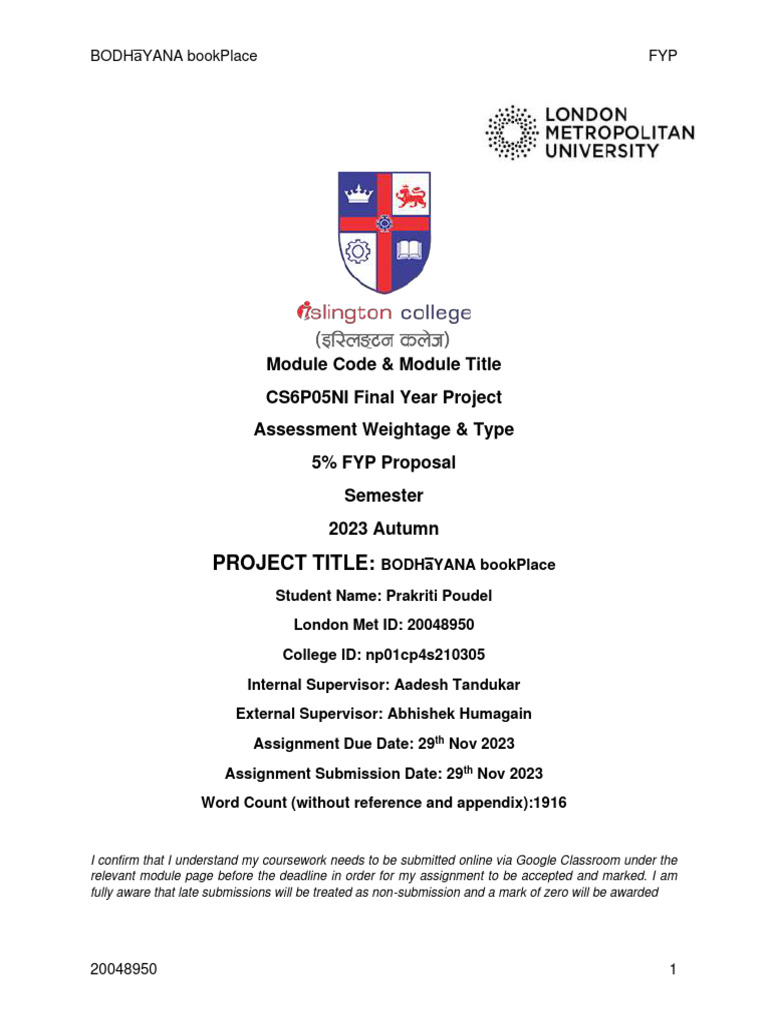 Module Code & Module Title CS6P05NI Final Year Project Assessment Weightage & Type 5% FYP ...