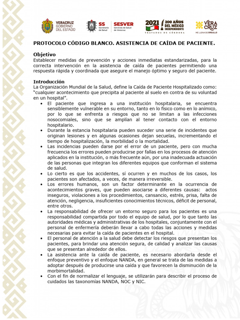 Protocolo Código Blanco. Asistencia de Caida de Paciente | PDF ...