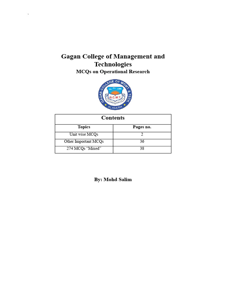 MCQS On Operational Research | PDF | Linear Programming | Mathematical Optimization