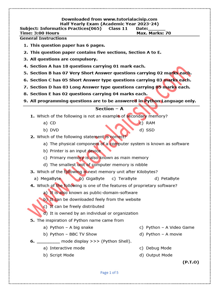 Class 11 IP PT 2 (QP-2) | Download Free PDF | Python (Programming Language) | Byte