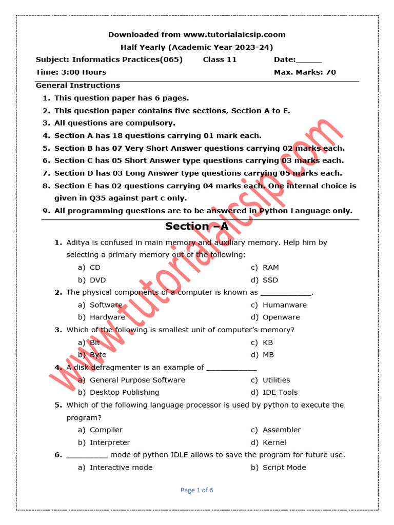 Class 11 IP PT 2 (QP-1) | PDF | Byte | Python (Programming Language)