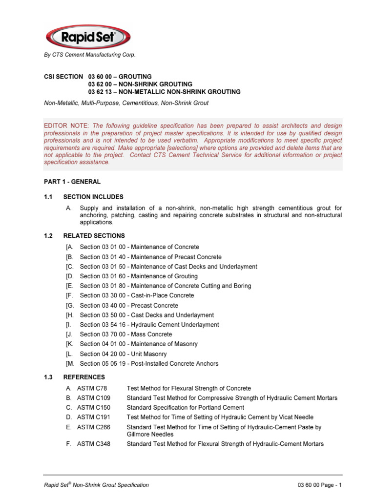 CTS Grout Standard Non Shrink Master Specification Rev 11 2015 | PDF ...