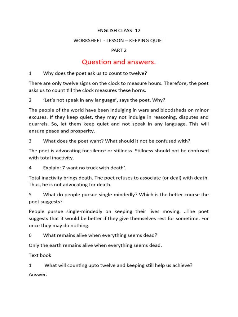"Keeping Quiet: Class 12 Q&A" | PDF