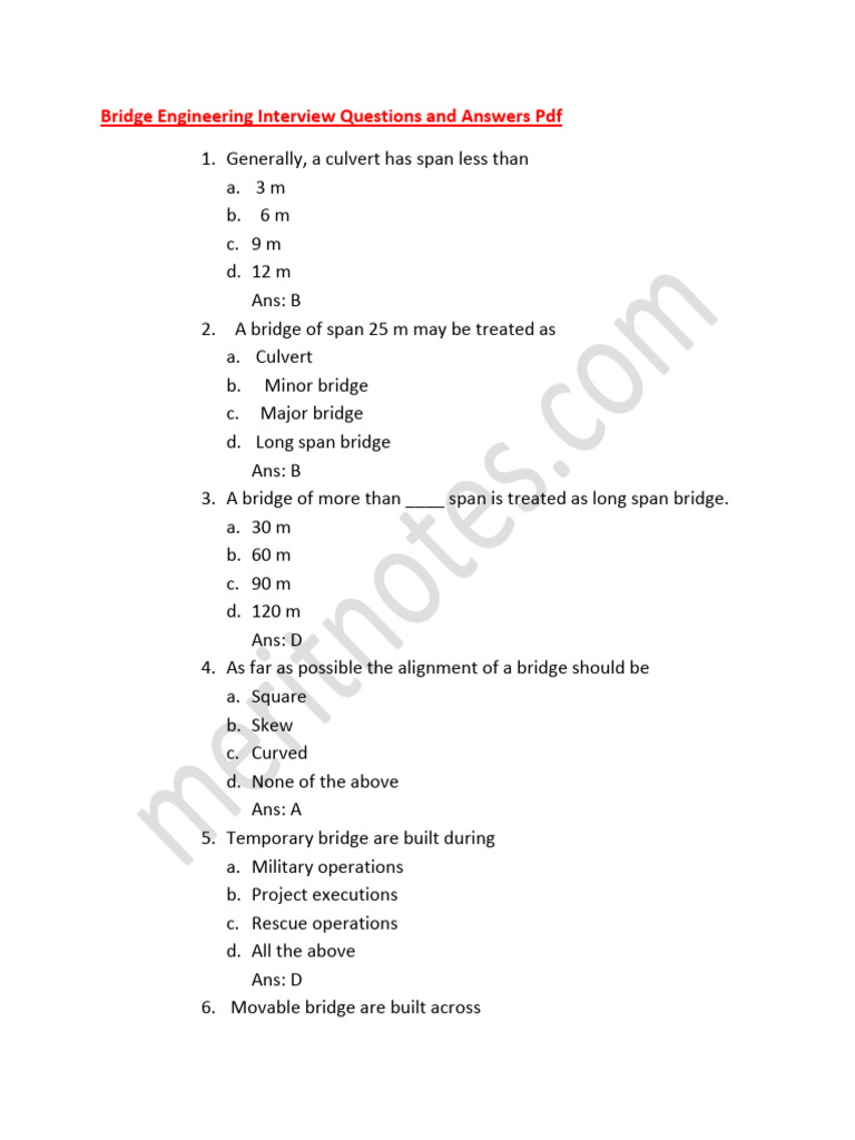 Bridge Engineering Interview Questions Answers | PDF