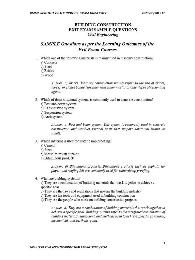 Building Construciton Sample Exit Exam Questions | PDF | Wall | Window