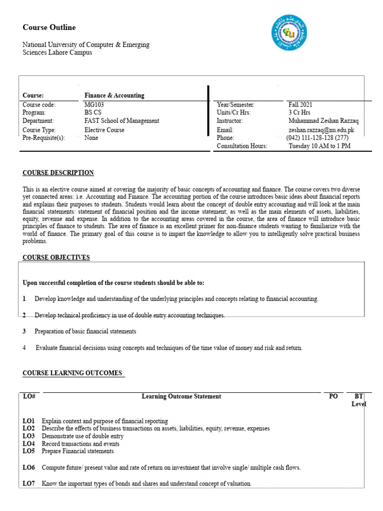 Finance & Accounting Course Outline | PDF | Bonds (Finance) | Present Value