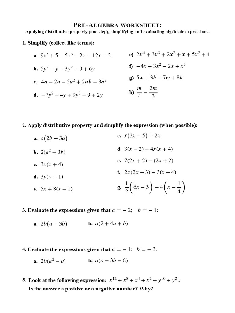 Pre-Algebra Worksheet - Exercises and Applications (8th Grade) | PDF