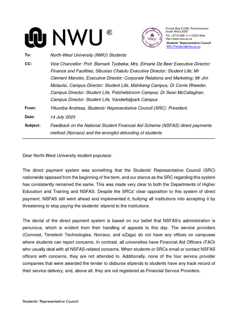 NWU SRC's Stand on NSFAS Issues | PDF