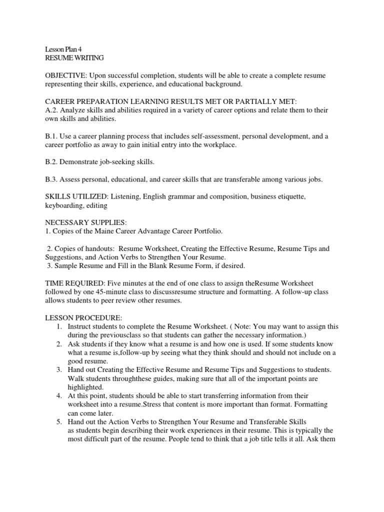 Lesson Plan For Resume Writing 1 | PDF | Résumé | Lesson Plan