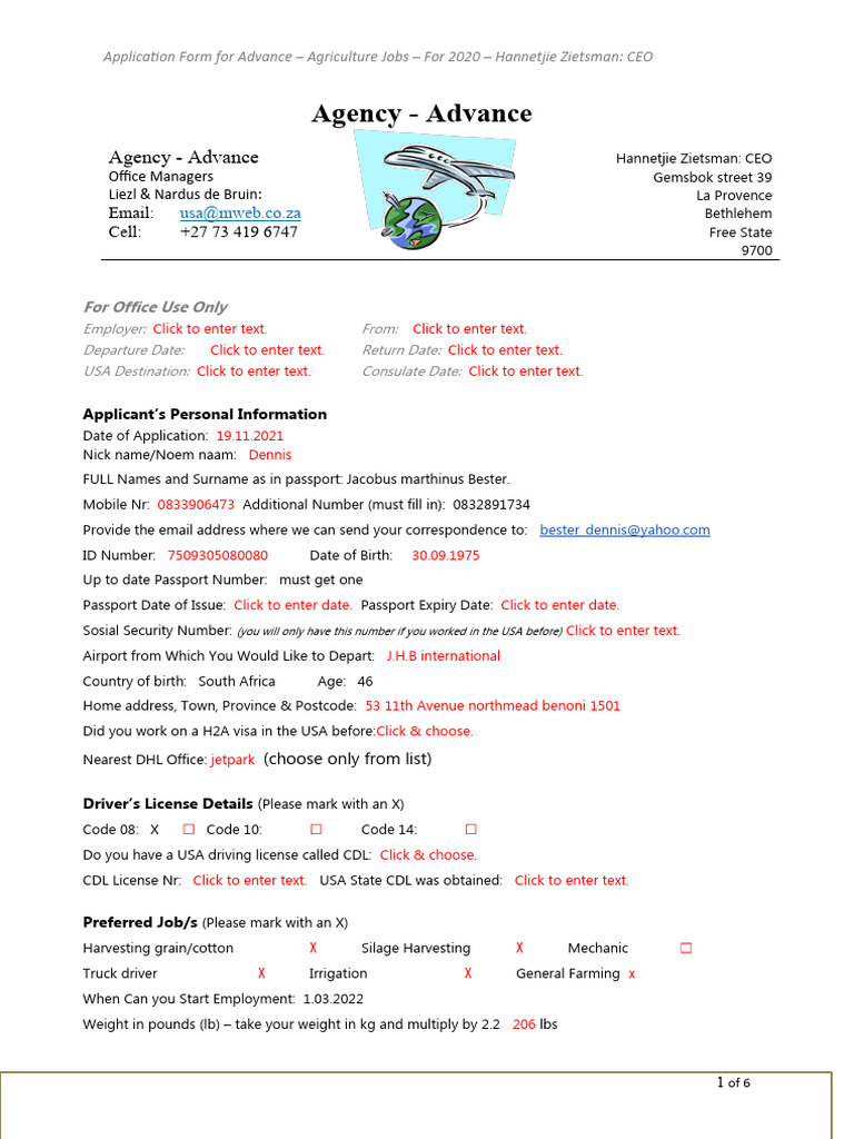 Agriculture Job Application Form | PDF | Travel Visa | Tractor